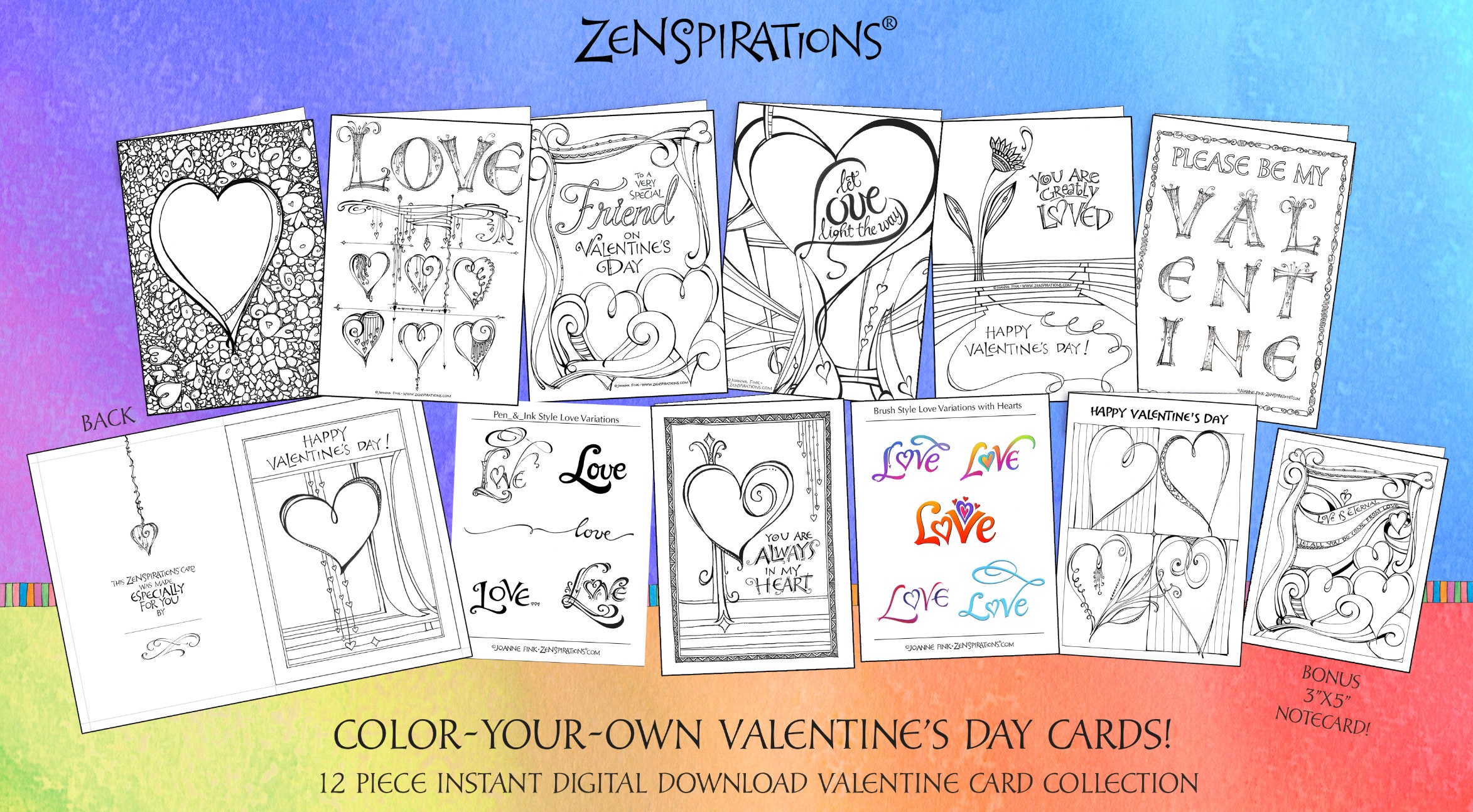 Printable Color-your-own Valentine Cards Zenspirations® by Joanne Fink ...