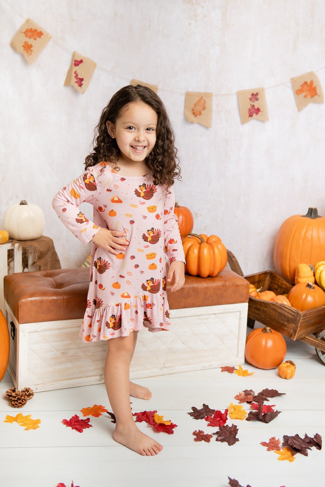 Girls' Thanksgiving Dress: Turkey & Pie Print, Soft Bamboo Fabric - Etsy