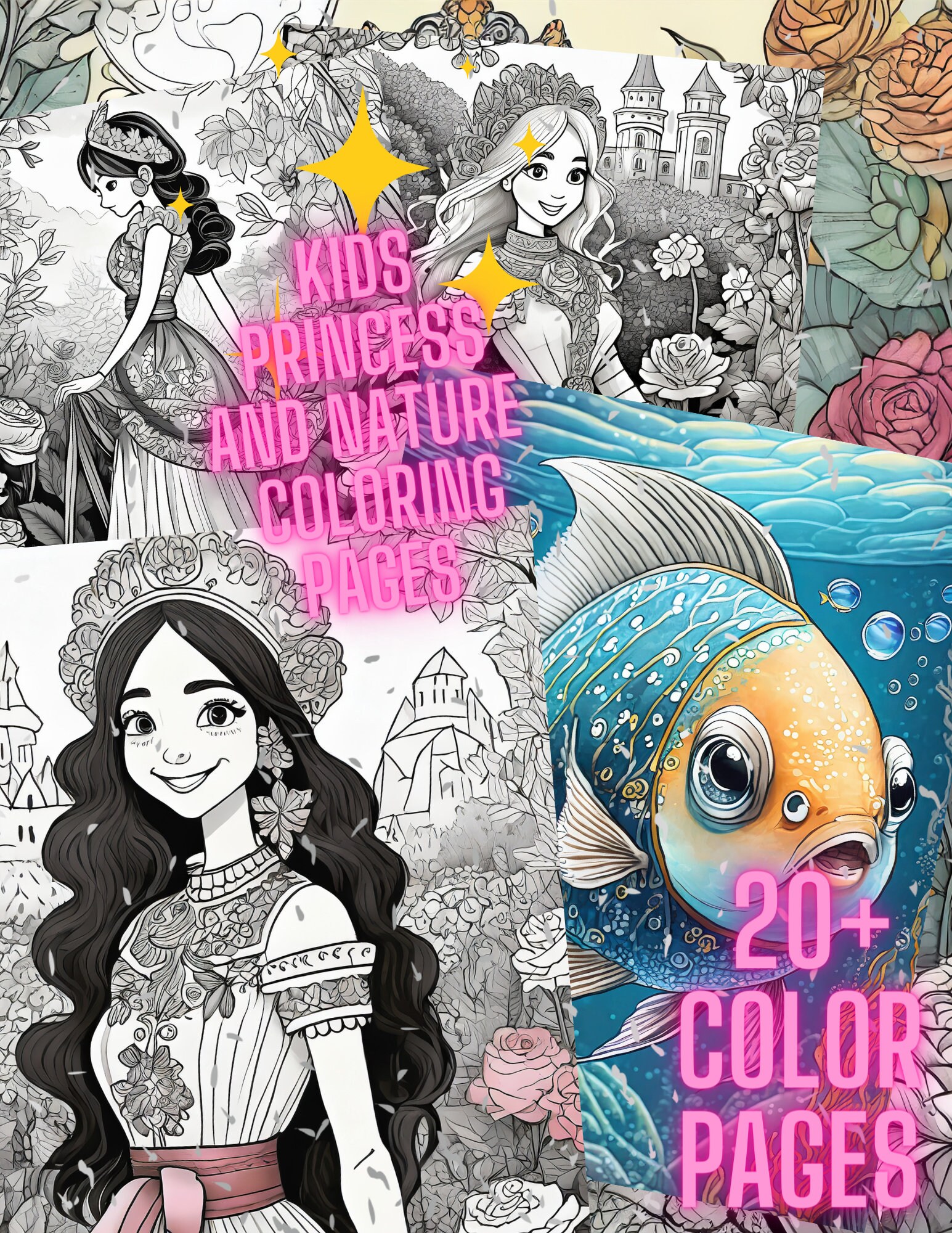 Lovely Princess Kids Coloring Book Pages Bundle, Princesses and Roses ...