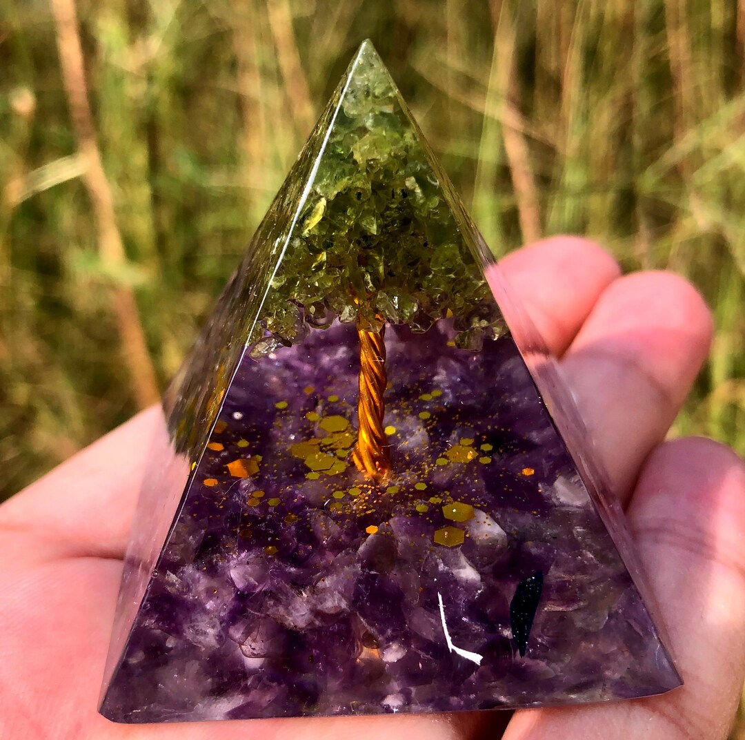 Tree of Life Peridot and Amethyst Crystal Orgone Pyramid/amethyst ...