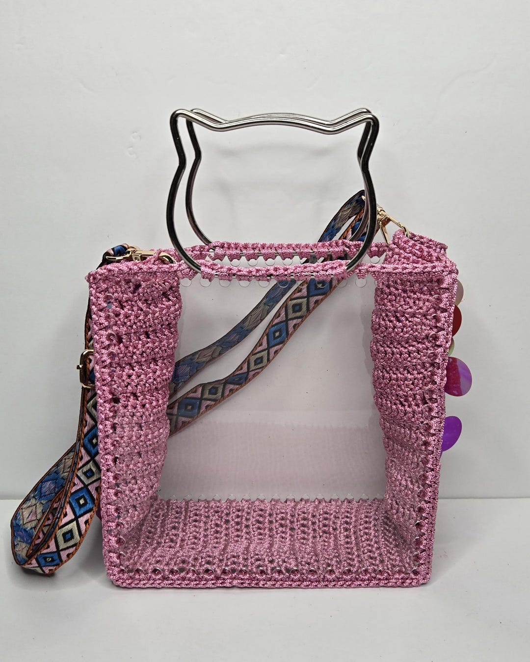 Pink Crocheted Stadium/concert Bag (see-thru/ Clear) With Sequins and ...