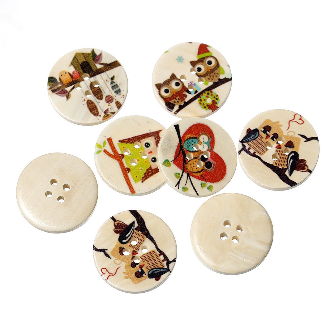 8 X Wooden Buttons Owl Colorful 30 Mm - Etsy