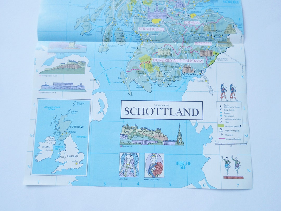 Vintage Map of Scotland, German Merian Travel Magazine Excerpt, Wall ...