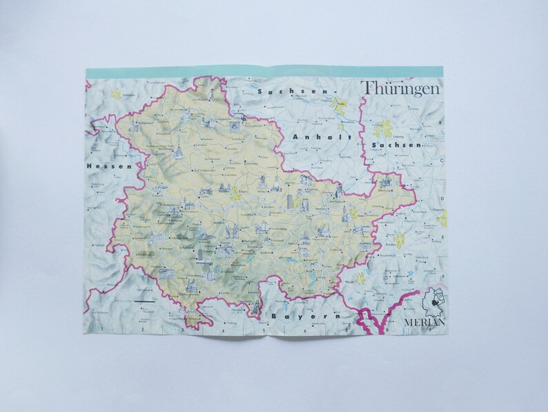 Vintage Map of Thüringen Thuringia, Small Size Wall Hanging Decoration ...