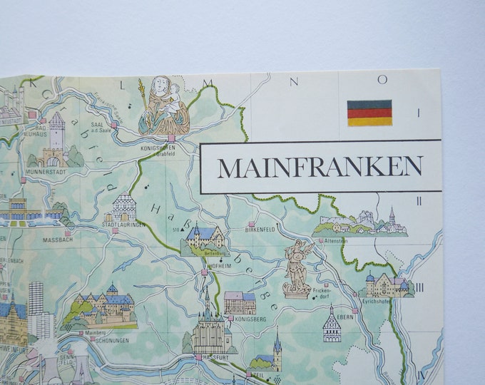 Vintage City Map of Main-franconia, Mainfranken Map, Small Size Wall ...