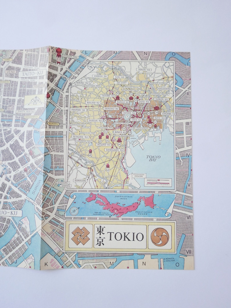 Vintage Map of Tokyo, Merian Tokio Map, Travel Magazine Excerpt ...
