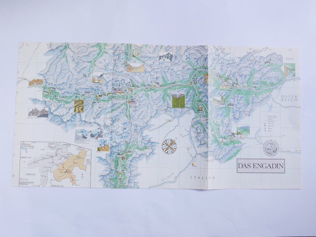 Vintage Map of the Engadin, German Merian Travel Magazine Excerpt ...