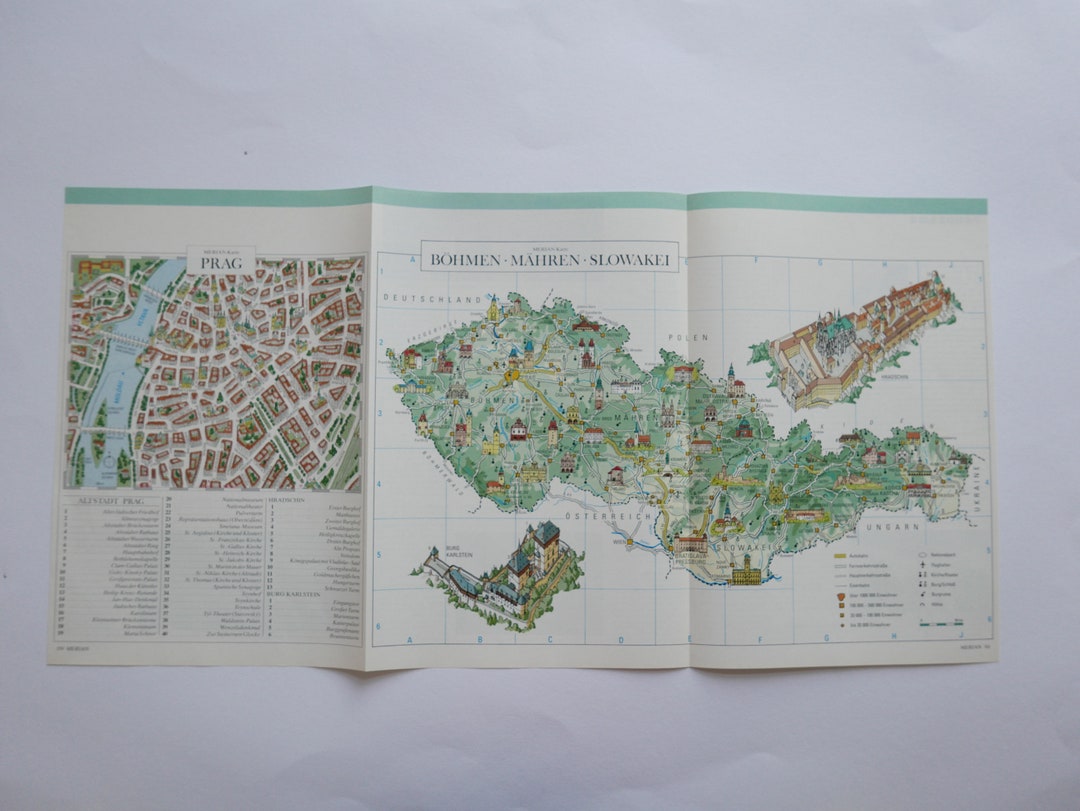 Vintage Map of Bohemia Moravia Slovakia and Excerpt of Prague, Travel ...