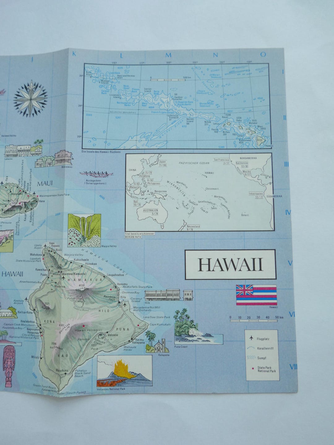 Vintage Map of Hawaii, German Merian Travel Magazine Excerpt, Small ...