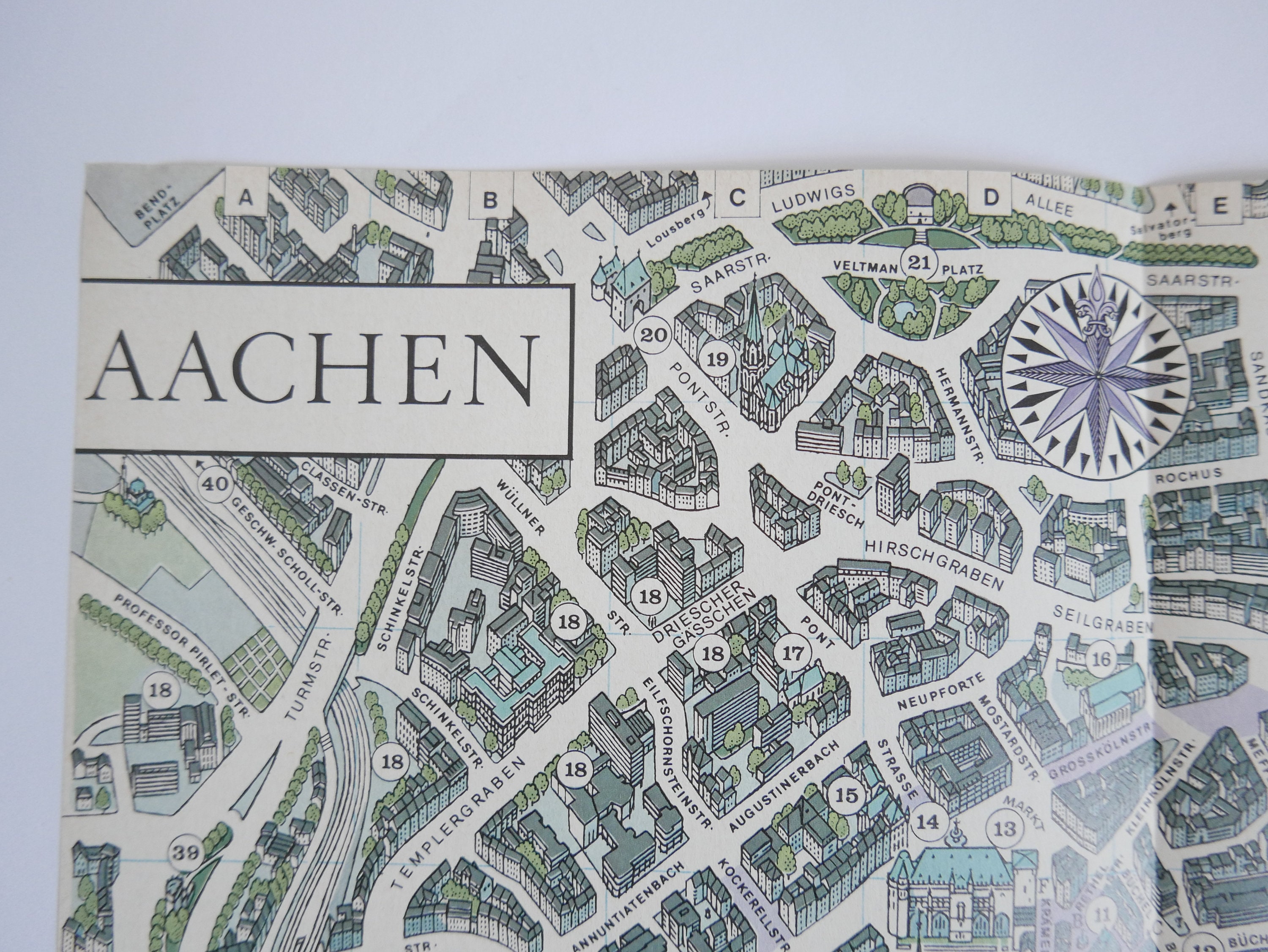 Vintage City Map of Aachen, Three-country Point Map, Merian Travel ...