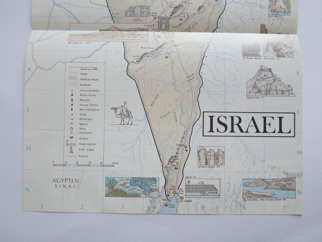 Vintage Map of Israel, German Merian Travel Magazine Excerpt, Small ...
