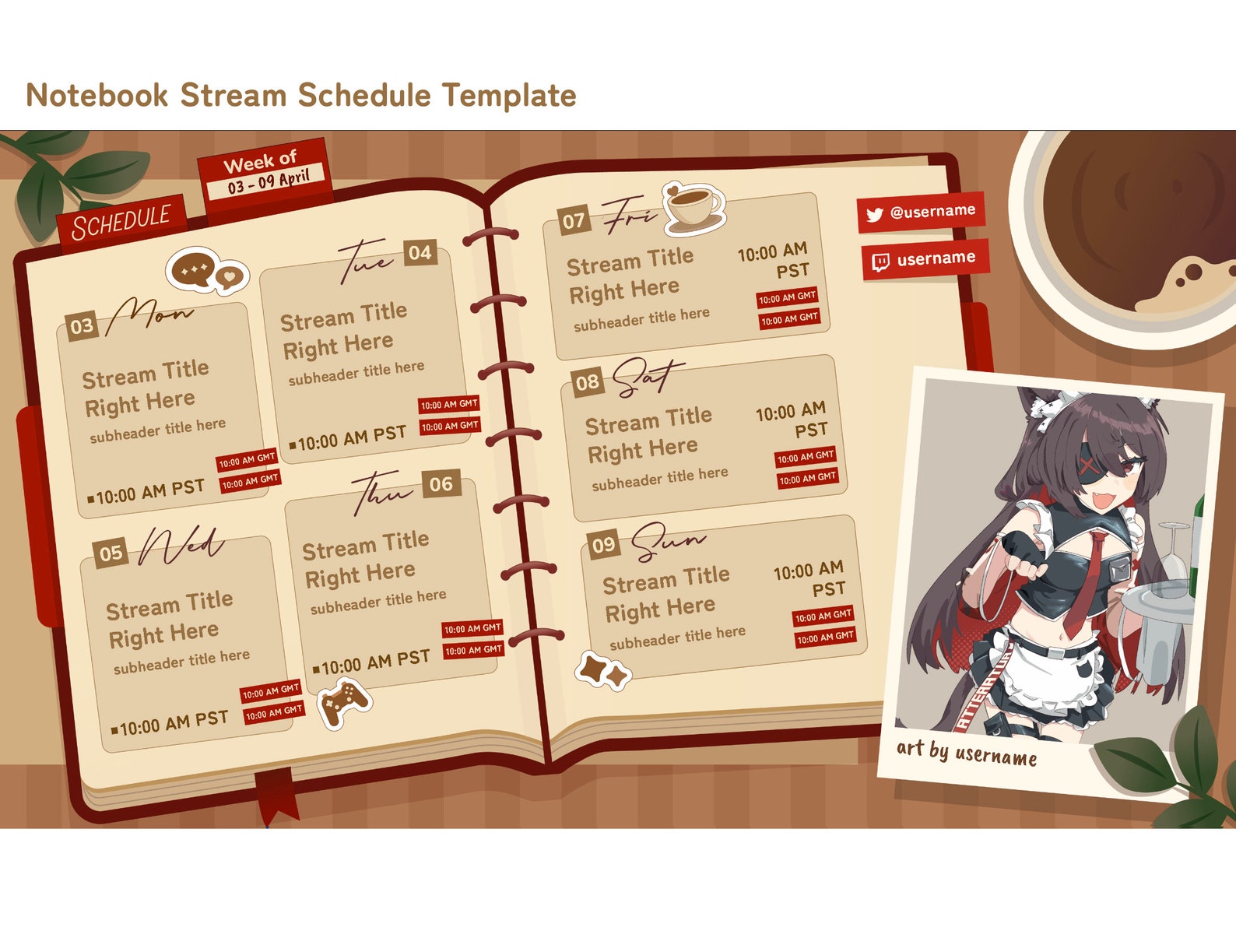 Cafe Notebook Stream Schedule Template - Etsy