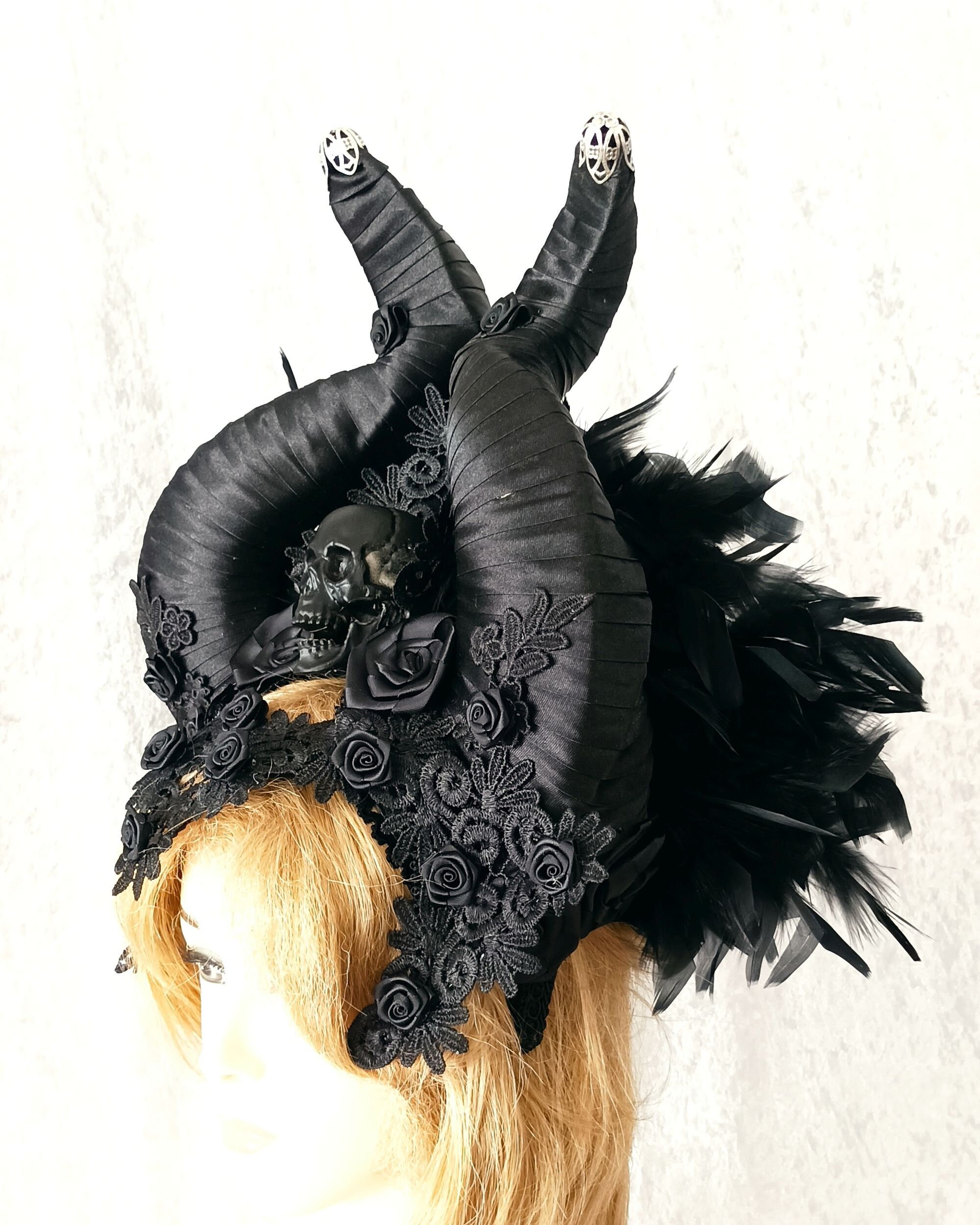 Gothic Feather Headdress Horns With Skull Gothic Hat Black Feather ...