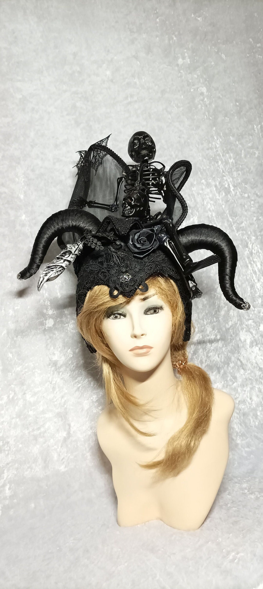 Gothic Headpiece, Skeleton, Horns, Skull, Bat, Unique Handmade ...