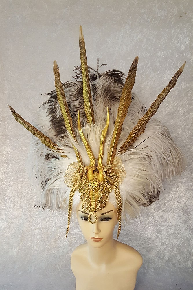 Gothic Feather Headdress/Headpiece/Gold/Ostrich Feathers/Fantasy Dream ...