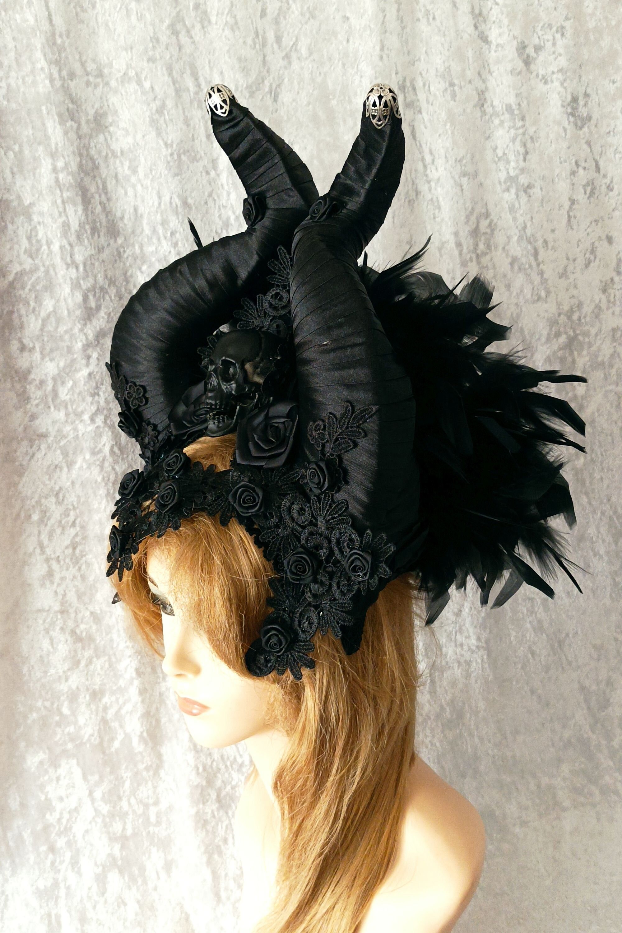 Gothic Feather Headdress Horns With Skull Gothic Hat Black Feather ...