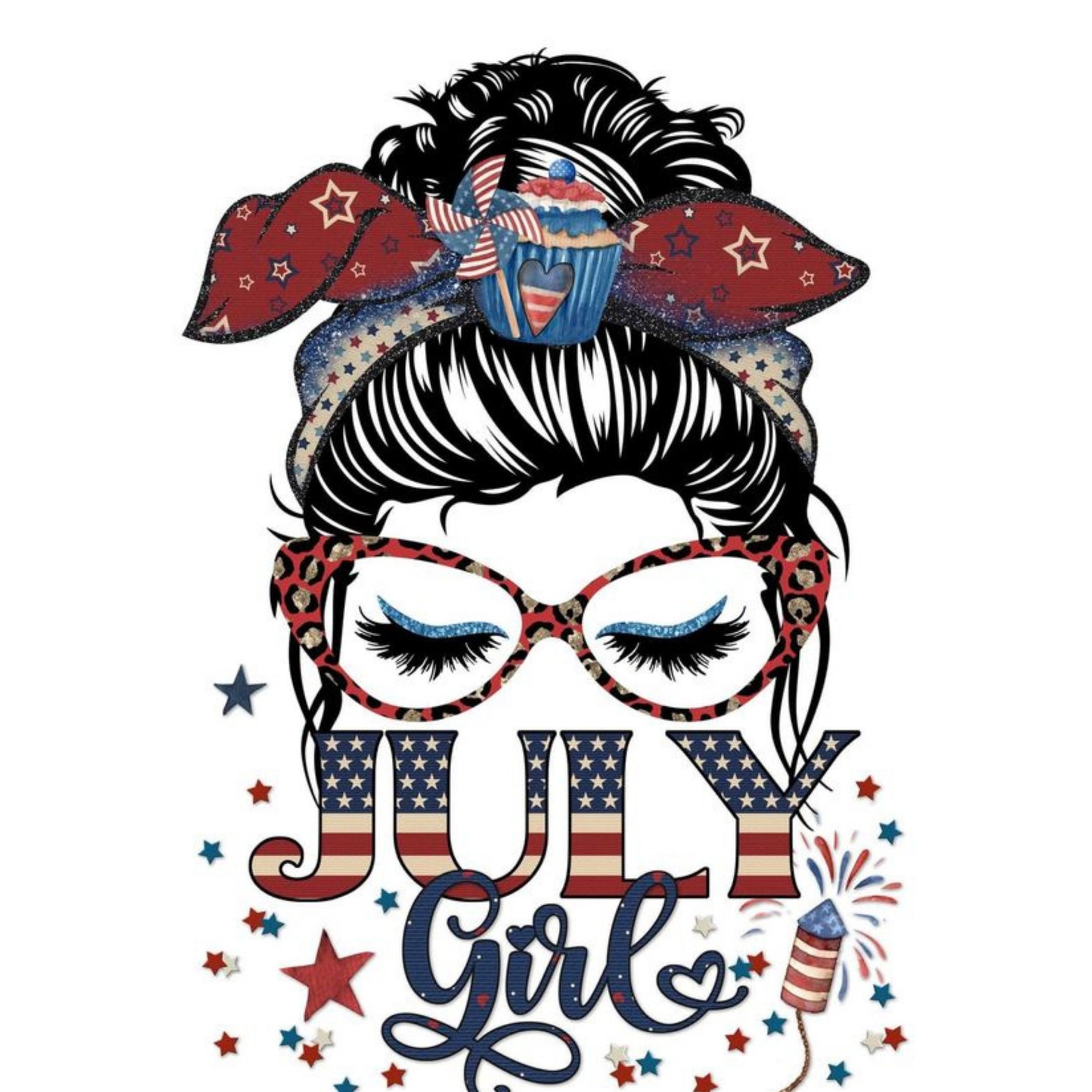 July Girl American Flag Messy Bun Ready to Press Sublimation - Etsy
