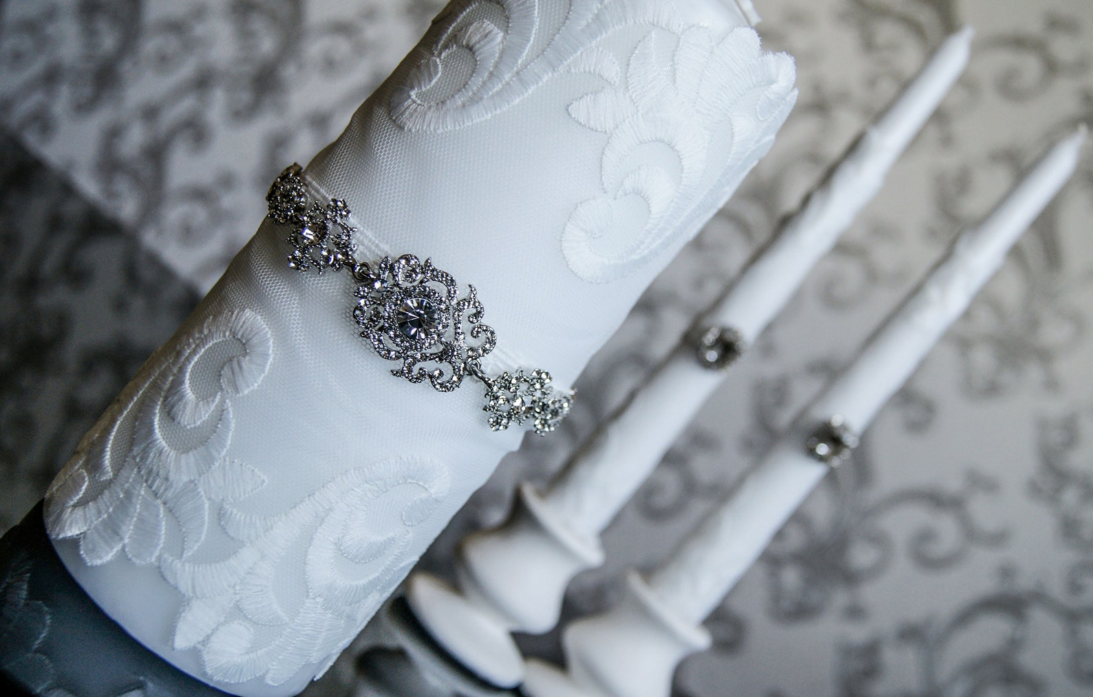 Lace unity candle set White unity candle set Crystal wedding | Etsy