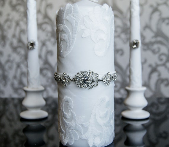 Lace unity candle set White unity candle set Crystal wedding | Etsy