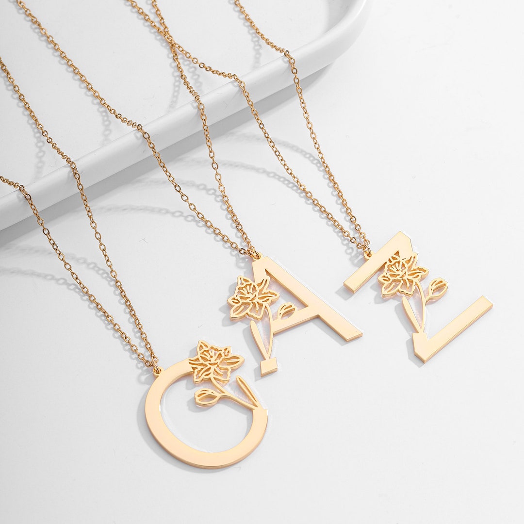 Custom Initial With Birth Flower Necklace Personalized - Etsy