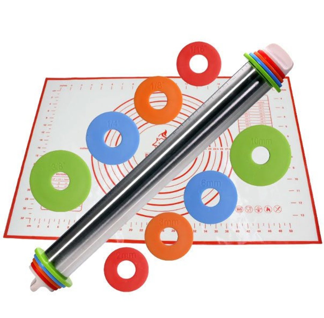 Rolling Pin With Rolling Mat and 4 Removable Thickness Rings Cake ...