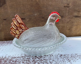 Kitchen Storage Large Clear Glass Hen on Nest Covered Bowl Nesting ...