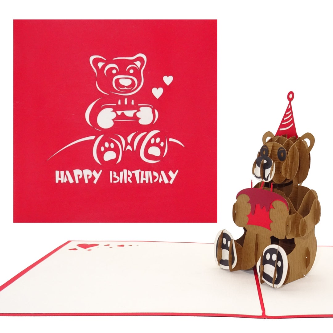 Pop-up Card teddy With Cake Original Birthday Card, Congratulations ...