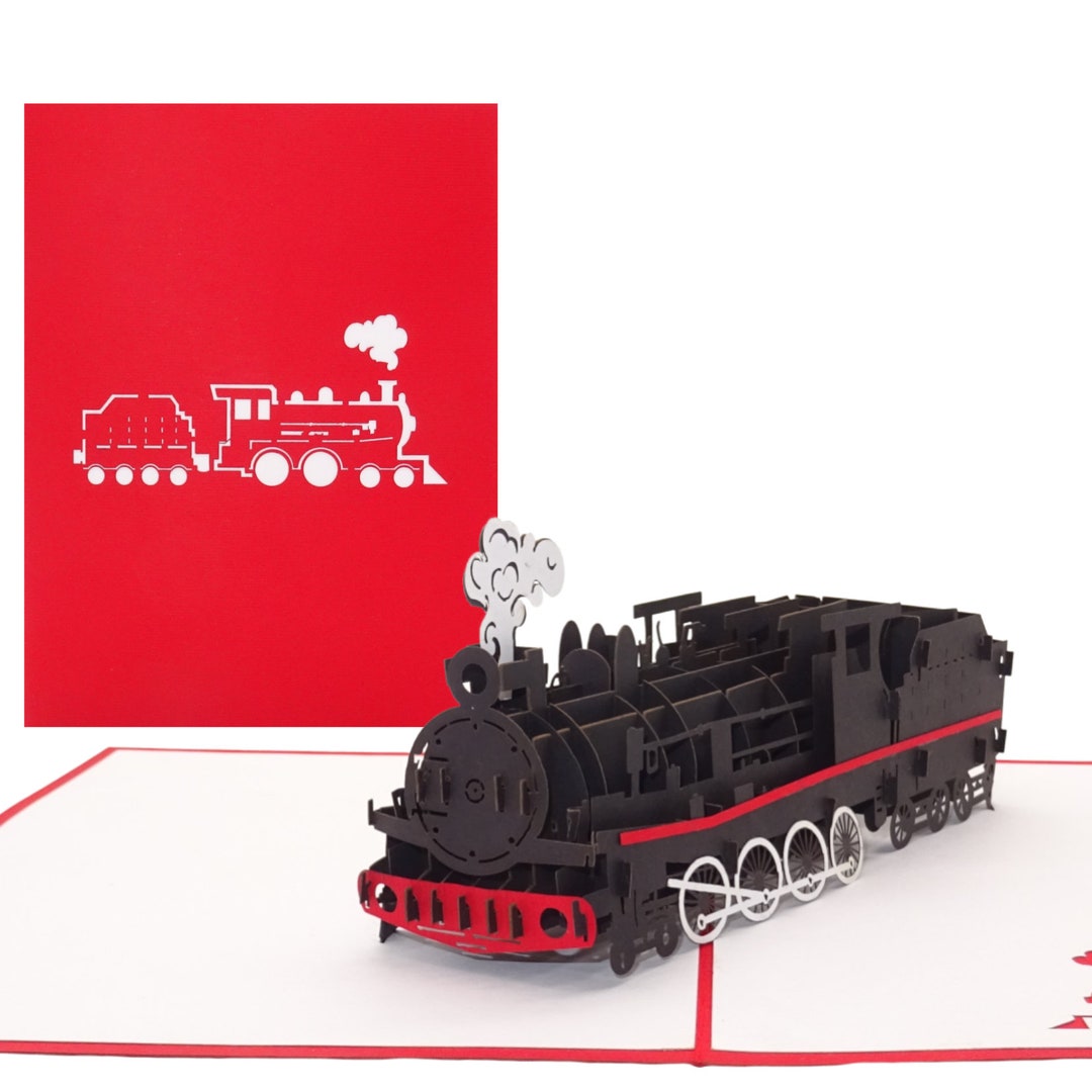 Pop up Card steam Locomotive Railway 3D Birthday Card, Travel Voucher ...