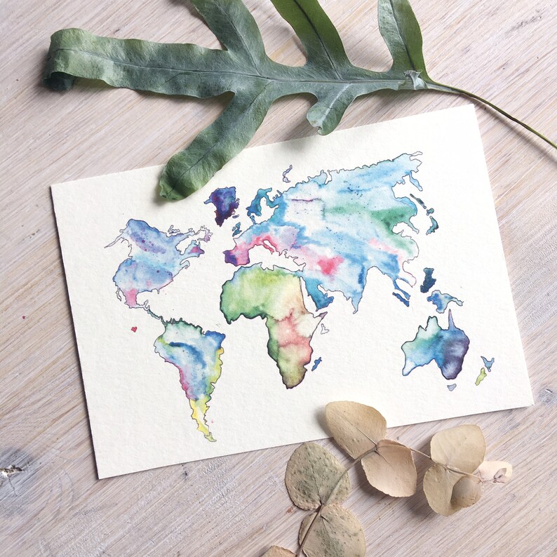 Handmade postcard World Map watercolor colorful by | Etsy