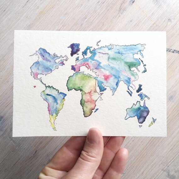 Handmade postcard World Map watercolor colorful by | Etsy