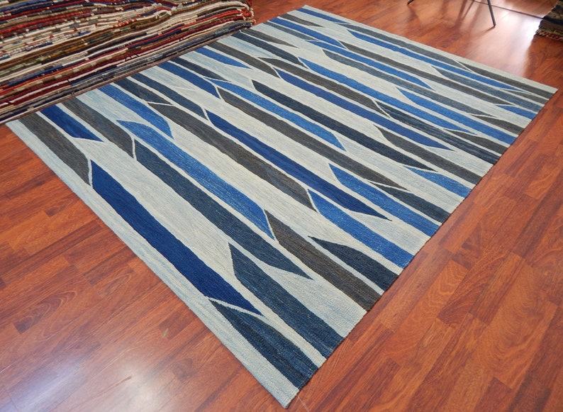 Blue Woolen Rug Modern Flatwoven Kilim 6x7 Contemporary Rug | Etsy