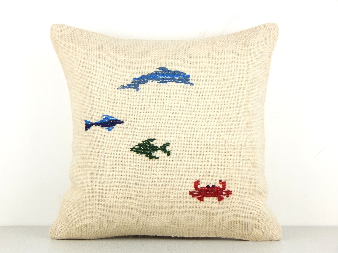 Natural Wool Pillow With Dolphin Crab Fish Motif Woven Throw - Etsy