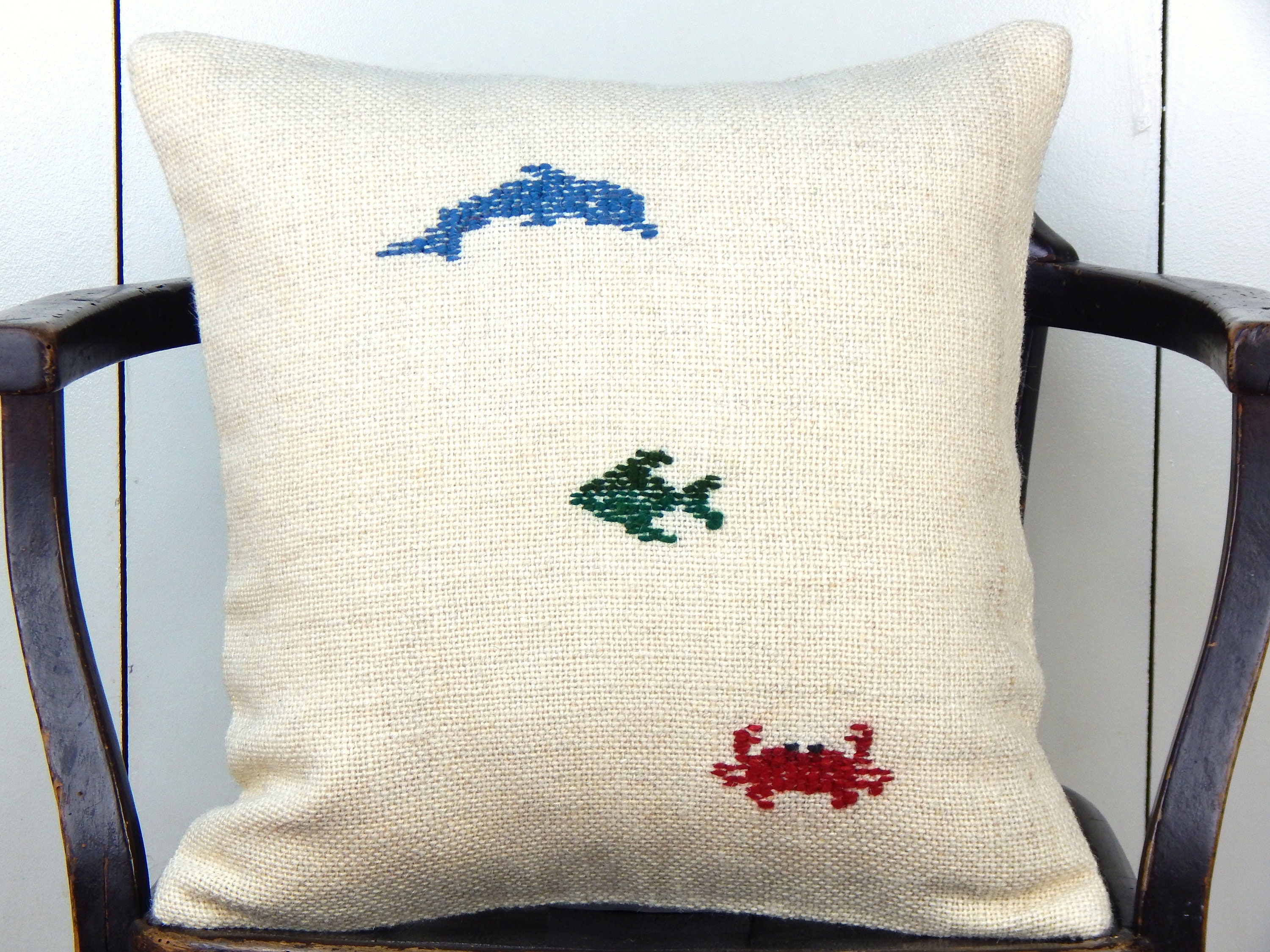 Natural Wool Pillow with Dolphin Crab Fish Motif Woven Throw | Etsy