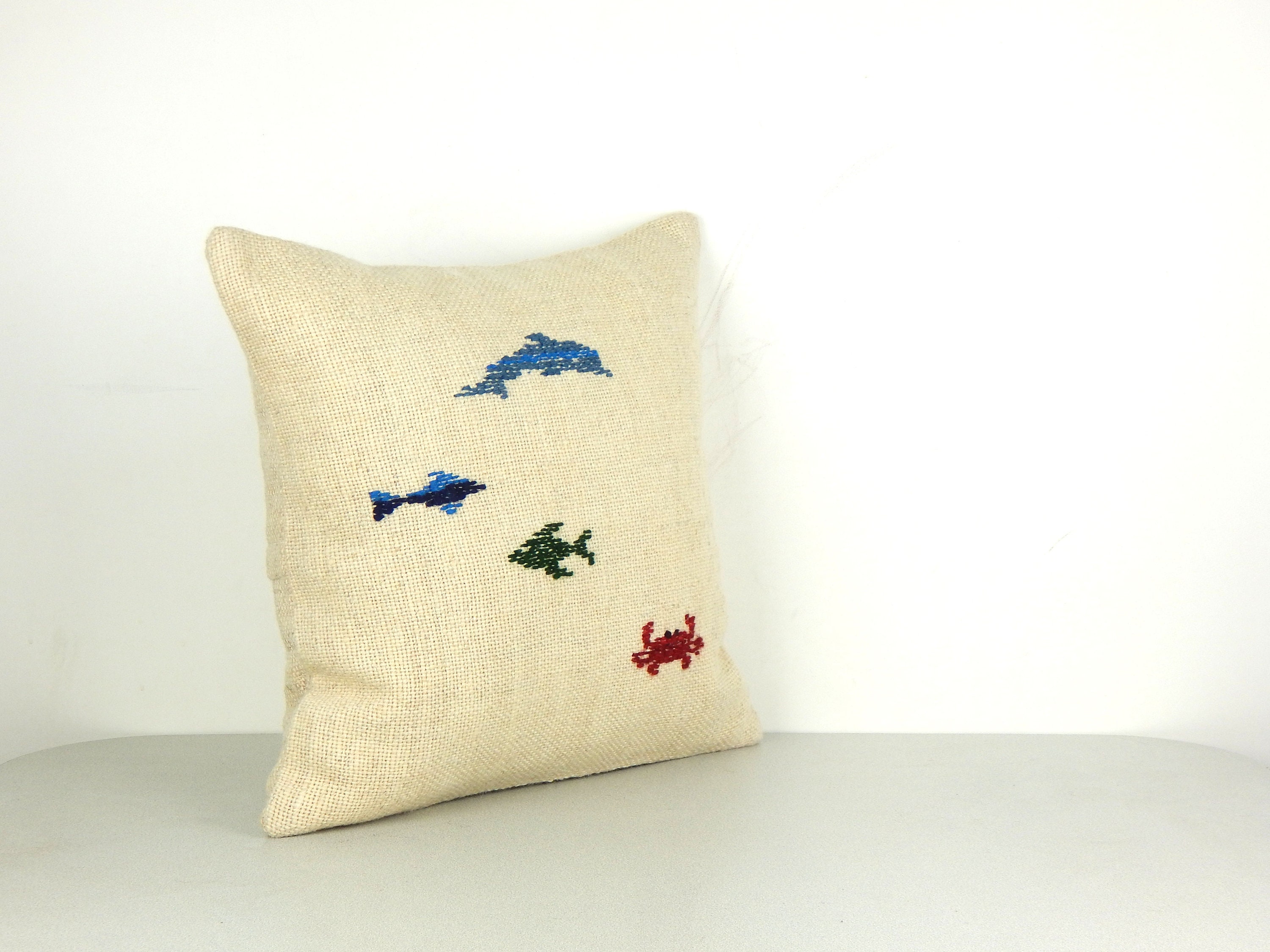 Natural Wool Pillow With Dolphin Crab Fish Motif Woven Throw - Etsy