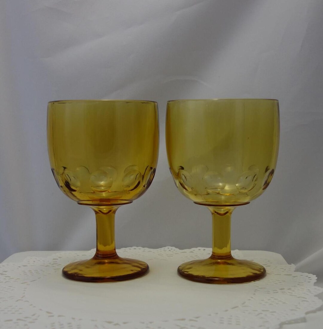 Amber Thumbprint Tea Goblets Vintage MCM Drinkware Footed Water Glasses ...