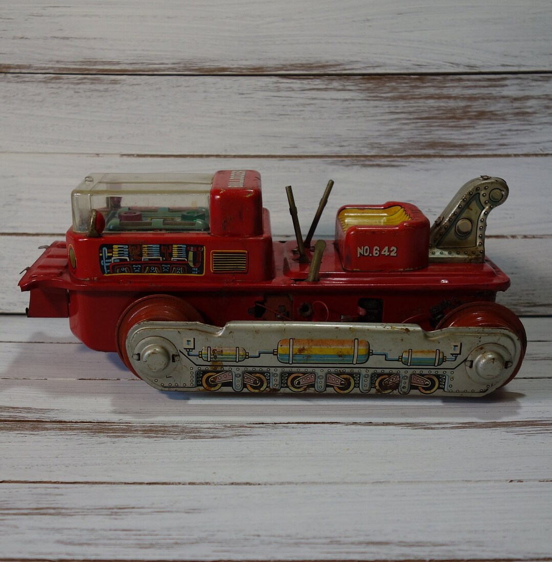 Vintage Red Tin Toy Bulldozer: Collectible Metal Heavy Equipment - Etsy