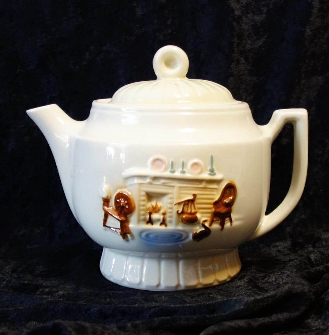 Hand Painted Hearth Scene Teapot: Porcelier Vitreous China, Fireplace ...
