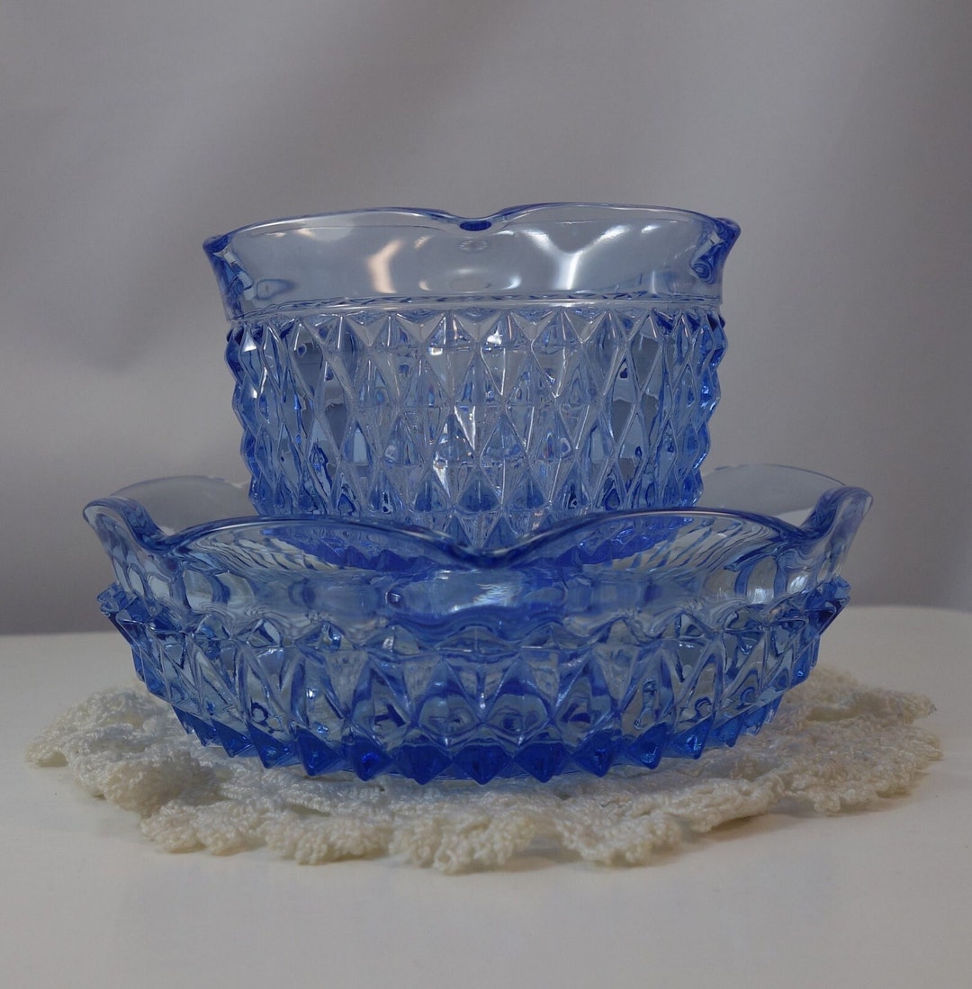 Blue Indiana Glass Mayonnaise Bowl Underplate Diamond Point Pattern ...