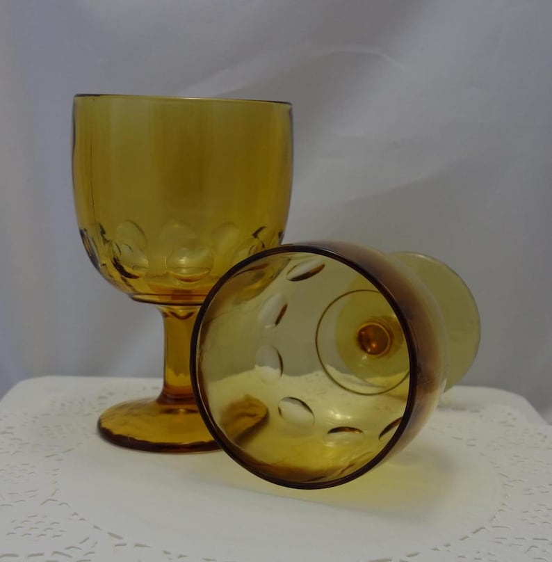 Amber Thumbprint Tea Goblets Vintage MCM Drinkware Footed Water Glasses ...