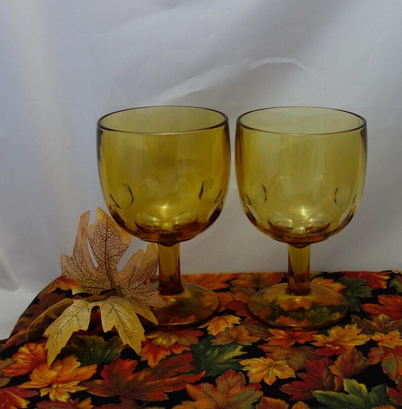 Amber Thumbprint Tea Goblets Vintage MCM Drinkware Footed Water Glasses ...