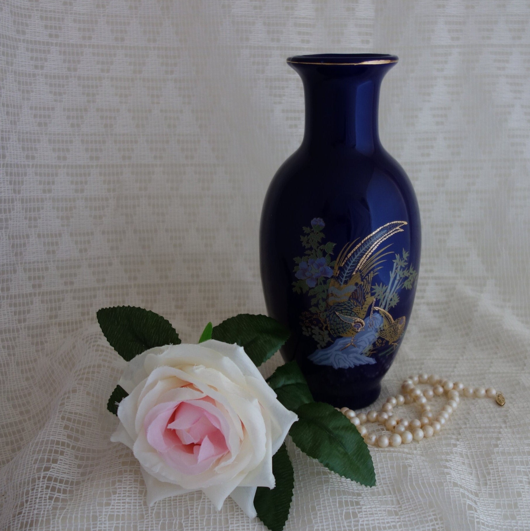 Cobalt Blue Japanese Porcelain Vase Decorated With Golden Pheasant Cobalt Blue Vase T For