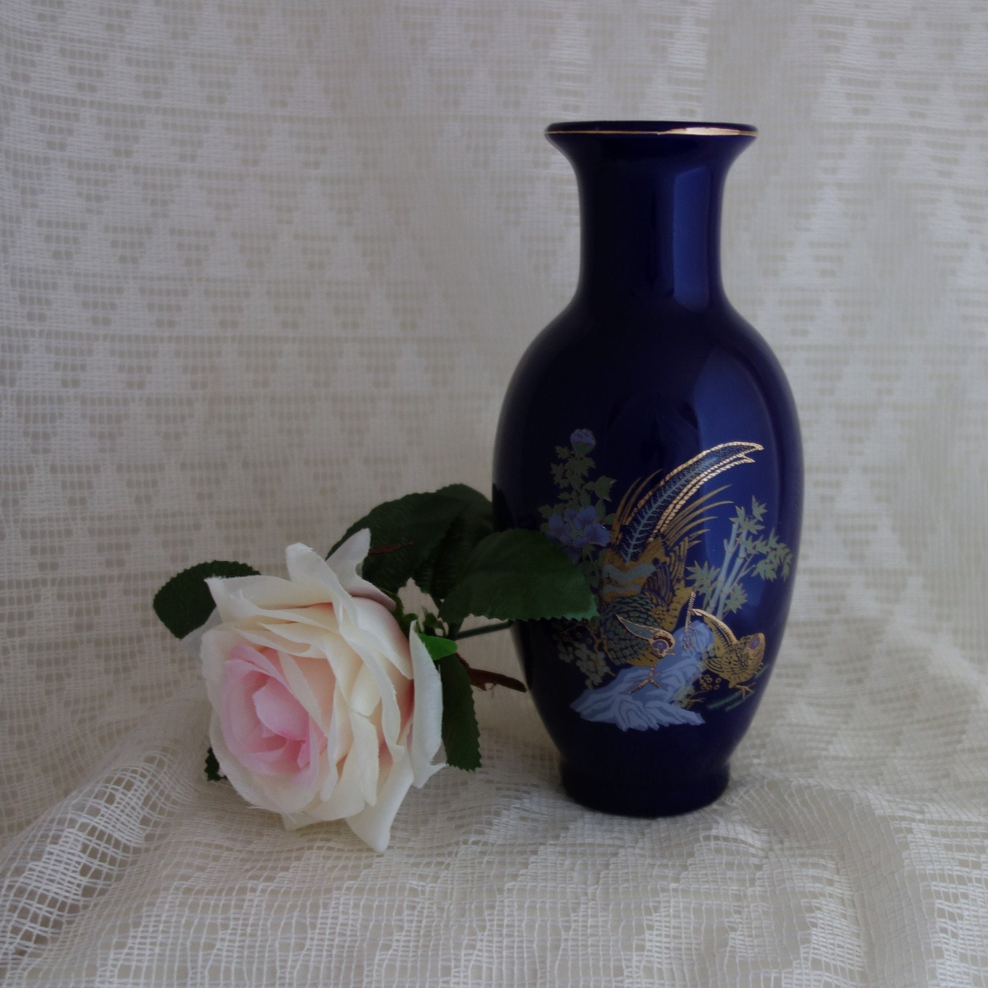 Cobalt Blue Japanese Porcelain Vase Decorated With Golden Pheasant ...