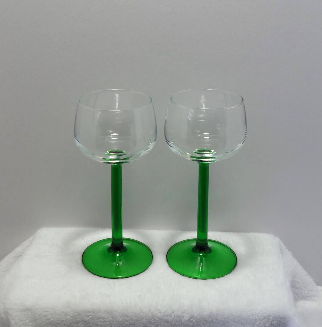 Pair of French Wine Glasses Green Stemmed Barware Elegant Vintage Blown ...