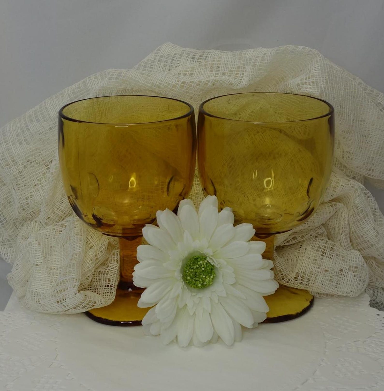 Amber Thumbprint Tea Goblets Vintage MCM Drinkware Footed Water Glasses ...