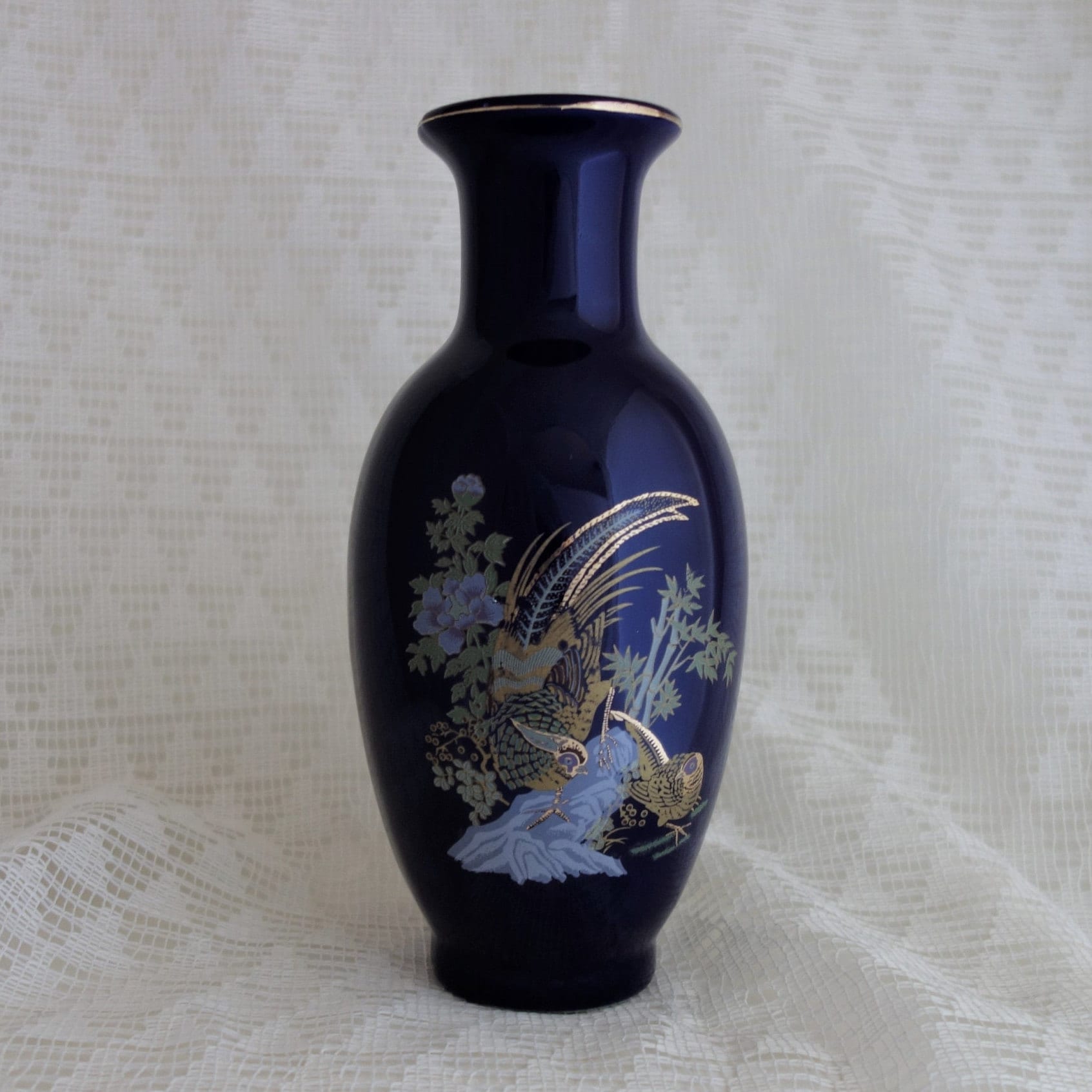 Cobalt Blue Japanese Porcelain Vase Decorated With Golden Pheasant ...