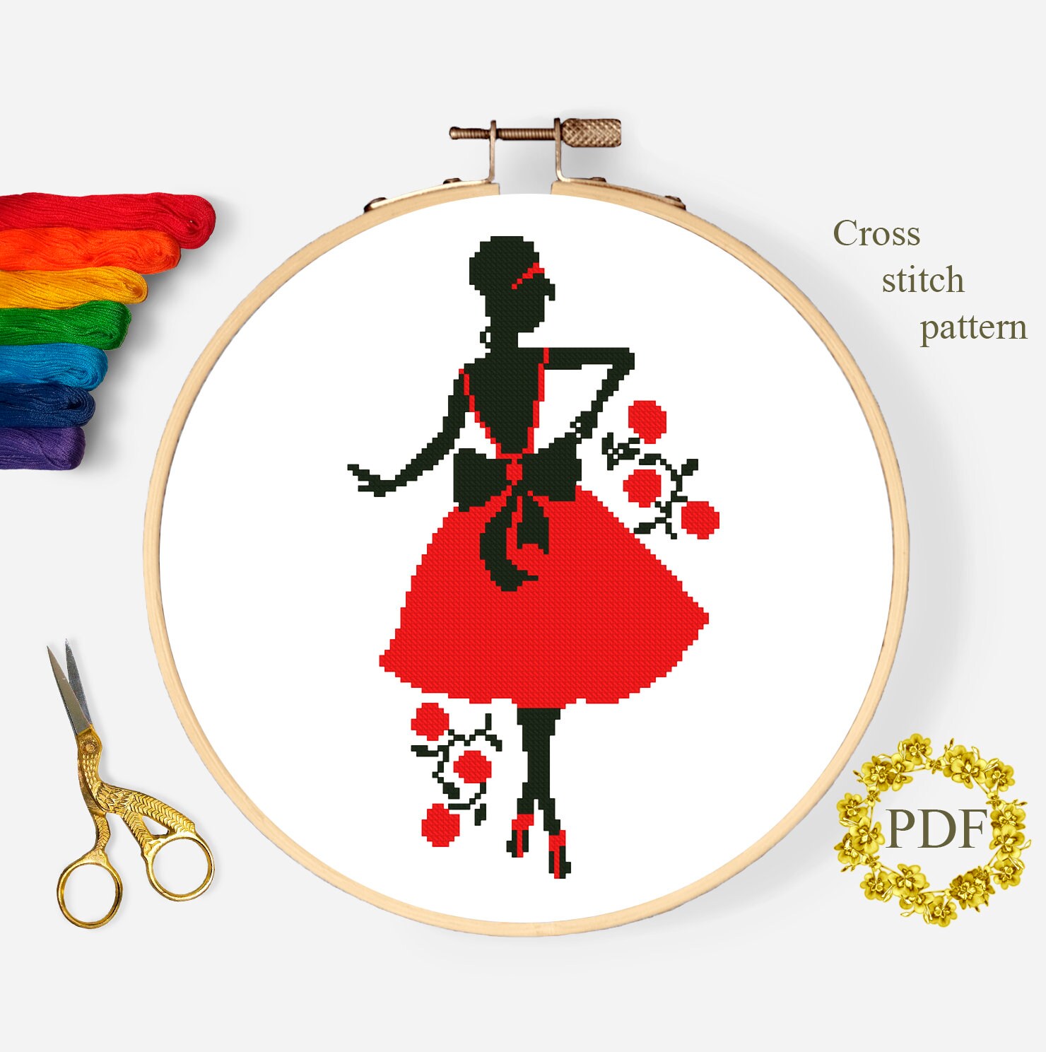 Red Dress Modern Cross Stitch Pattern PDF, Girl Counted Cross Stitch ...