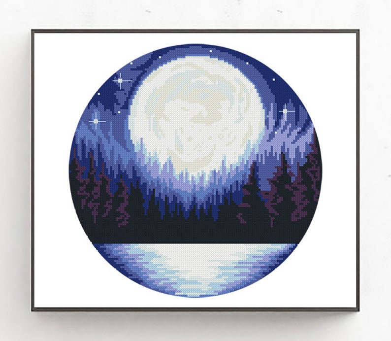 Landscape Modern Cross Stitch Pattern PDF, Moon Counted Cross Stitch ...