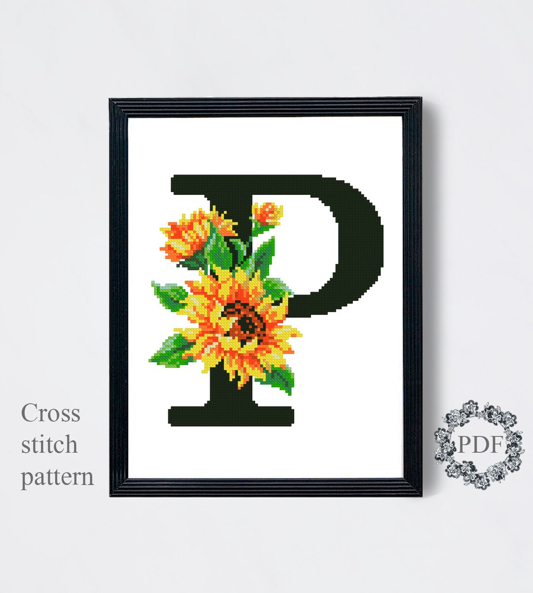 Letter P Modern Cross Stitch Pattern PDF, Monogram Floral Counted Cross ...