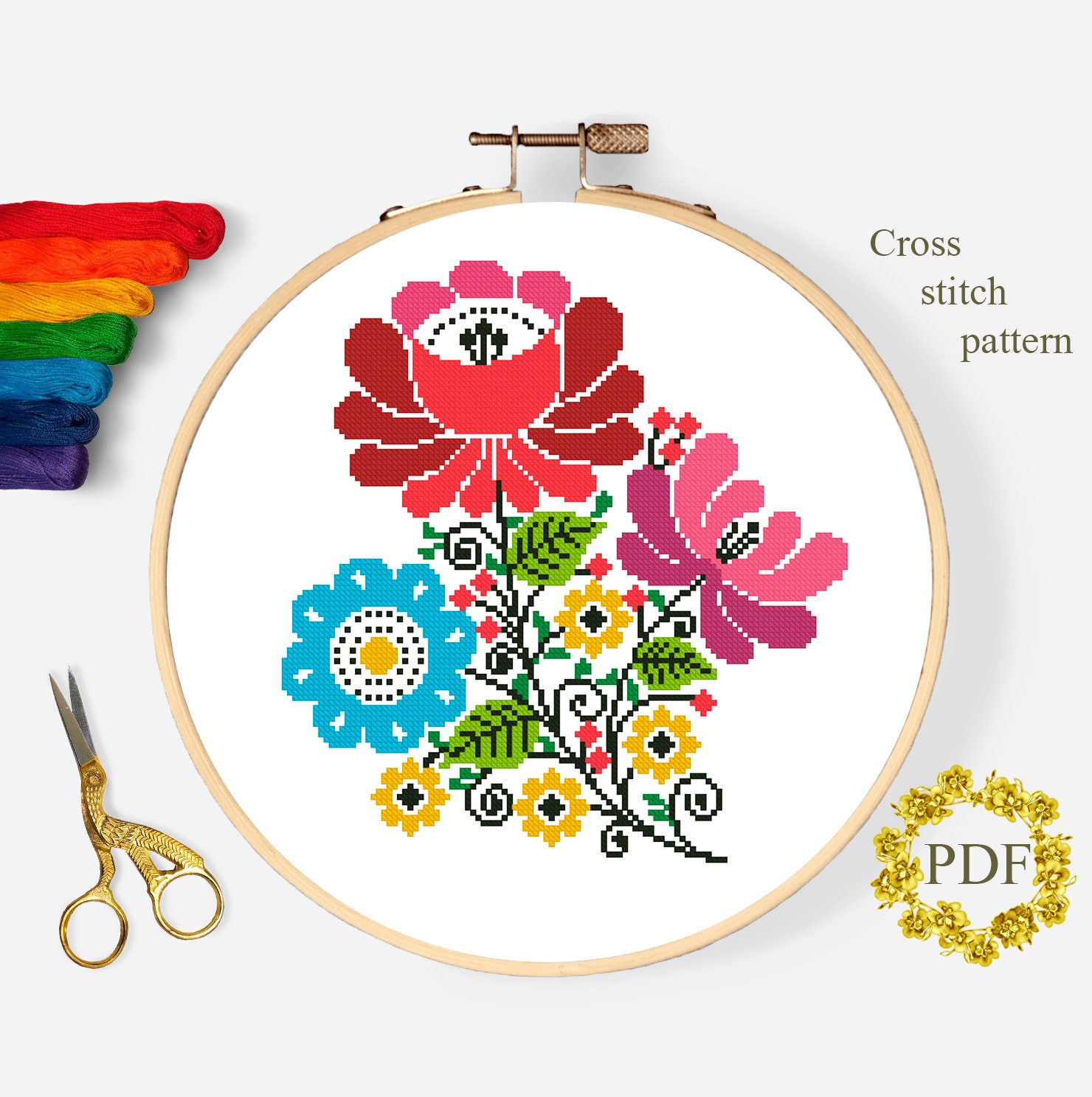 Floral Folk Art Cross Stitch Pattern PDF Modern Flowers | Etsy