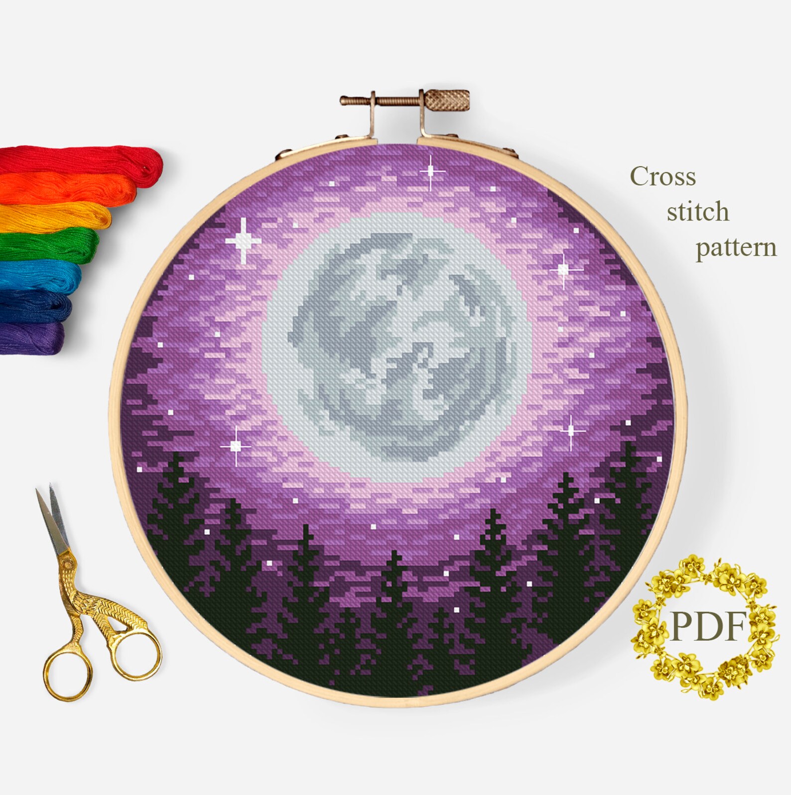 Moon Modern Cross Stitch Pattern PDF Landscape Counted Cross - Etsy